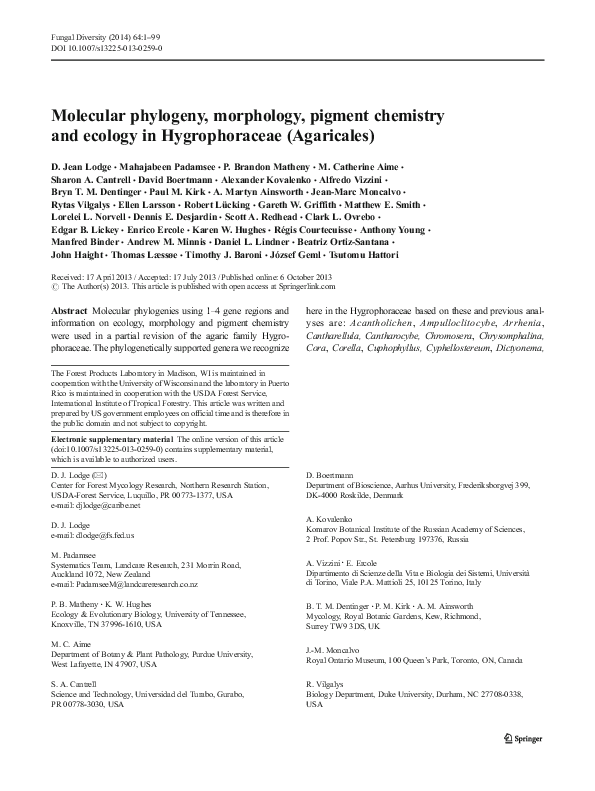 (PDF) Molecular phylogeny, morphology, pigment chemistry and ecology in Hygrophoraceae ...