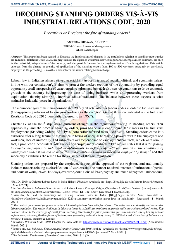 (PDF) Decoding Standing Orders vis-à-vis Industrial Relations Code, 2020