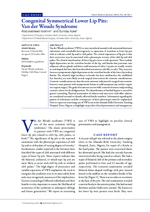 (PDF) Congenital Symmetrical Lower Lip Pits: Van der Woude Syndrome
