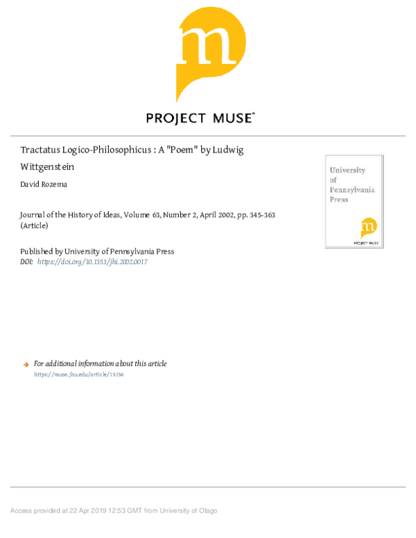 (PDF) Tractatus Logico-Philosophicus": A "Poem" by Ludwig Wittgenstein