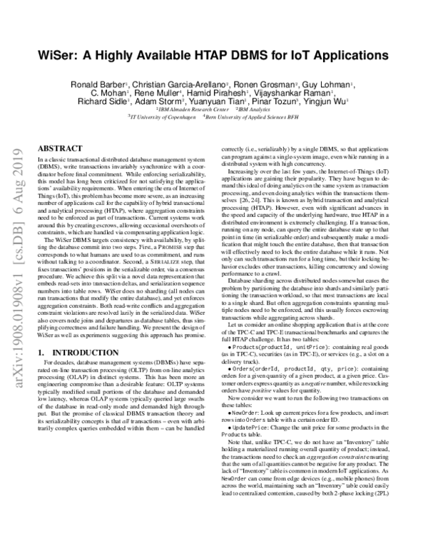 (PDF) WiSer: A Highly Available HTAP DBMS for IoT Applications
