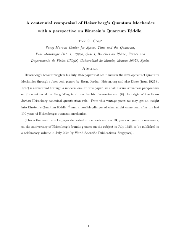(PDF) A centennial reappraisal of Heisenberg's Quantum Mechanics with a ...