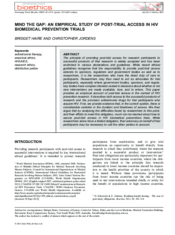 (PDF) Mind the gap: An empirical study of post-trial access in HIV ...