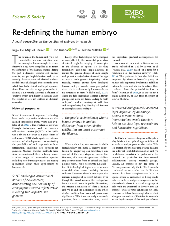 (PDF) Re-defining the human embryo A legal perspective on the creation ...