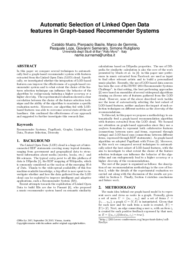 (PDF) Introducing linked open data in graph-based recommender systems