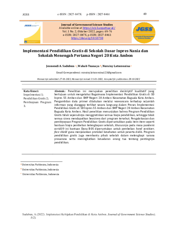 (PDF) Implementasi Pendidikan Gratis di Sekolah Dasar Inpres Nania dan ...
