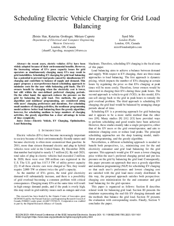 Pdf Scheduling Electric Vehicle Charging For Grid Load Balancing