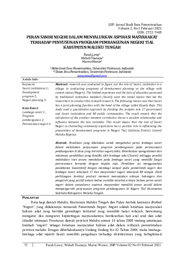 (PDF) Peran Saniri Negeri Dalam Menyalurkan Aspirasi Masyarakat ...