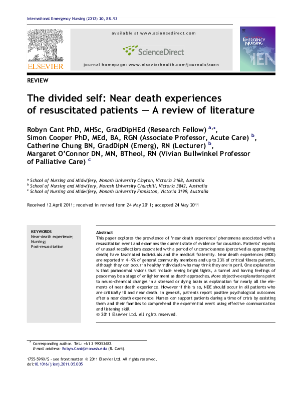 (PDF) The divided self: Near death experiences of resuscitated patients ...