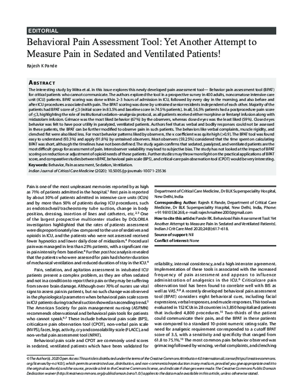 (PDF) Behavioral Pain Assessment Tool: Yet Another Attempt to Measure ...