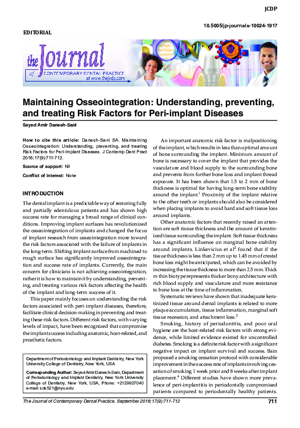 (PDF) Maintaining Osseointegration: Understanding, preventing, and treating Risk Factors for ...