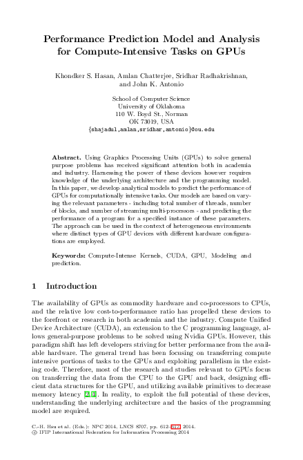 Pdf Performance Prediction Model And Analysis For Compute Intensive Tasks On Gpus Sridhar