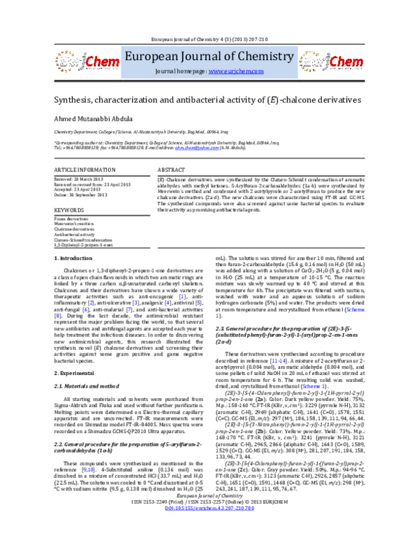 (PDF) Synthesis, characterization and antibacterial activity of (E)-chalcone derivatives