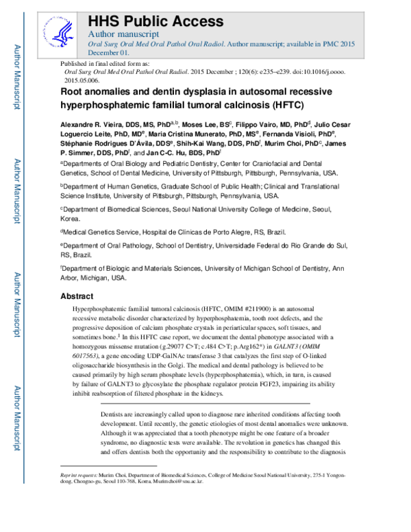 (PDF) Root anomalies and dentin dysplasia in autosomal recessive ...