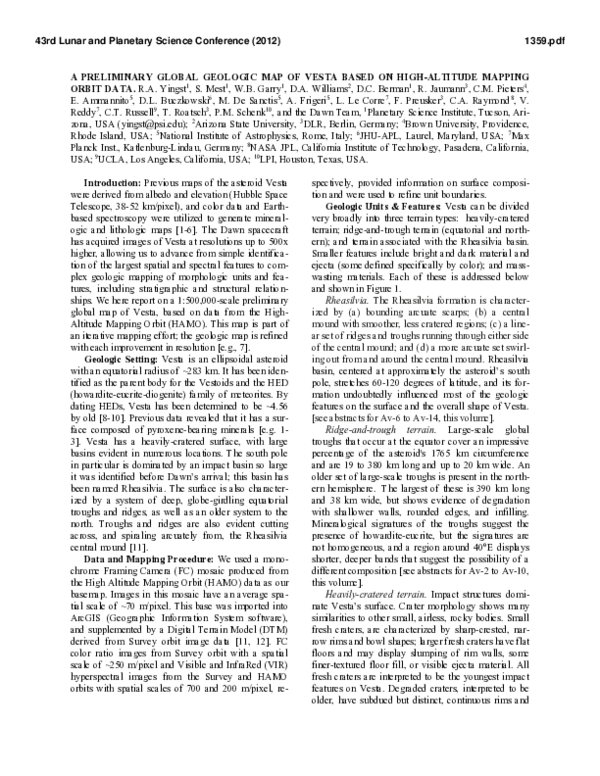 (PDF) A Preliminary Global Geologic Map of Vesta Based on High-Altitude ...