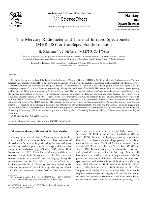 (PDF) The Mercury Radiometer and Thermal Infrared Spectrometer (MERTIS ...