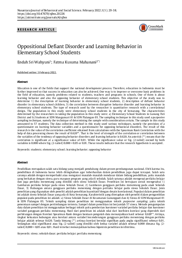 (PDF) Oppositional Defiant Disorder and Learning Behavior in Elementary ...