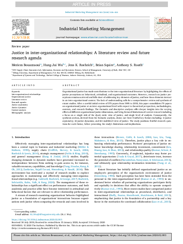(PDF) Justice in inter-organizational relationships: A literature ...