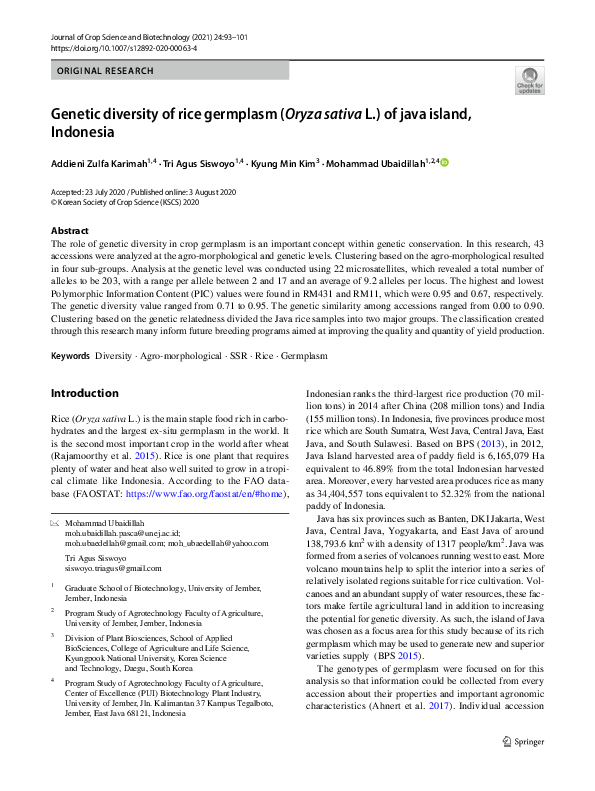(PDF) Genetic diversity of rice germplasm (Oryza sativa L.) of java island, Indonesia