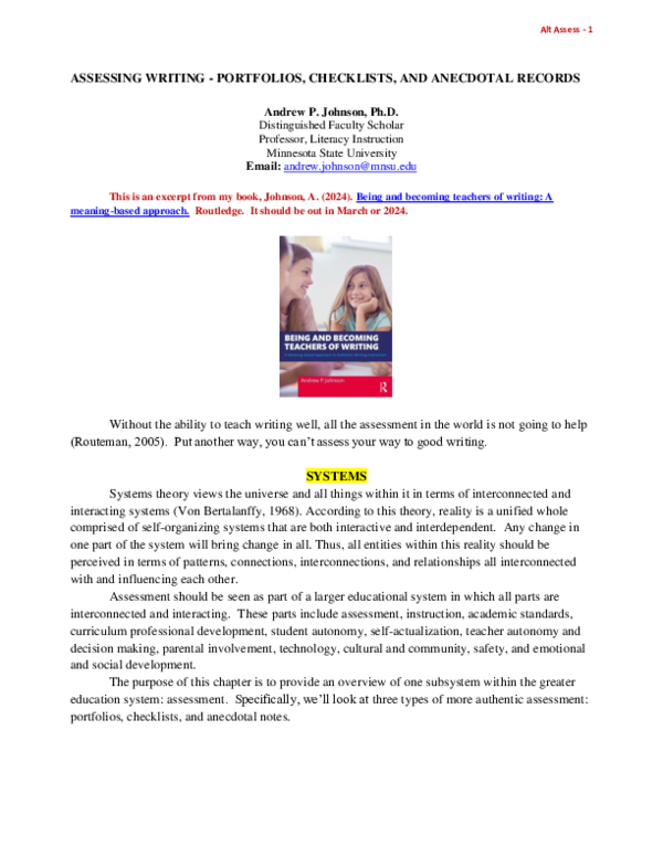 (PDF) ASSESSING WRITING: PORTFOLIOS, CHECKLISTS, AND ANECDOTAL RECORDS