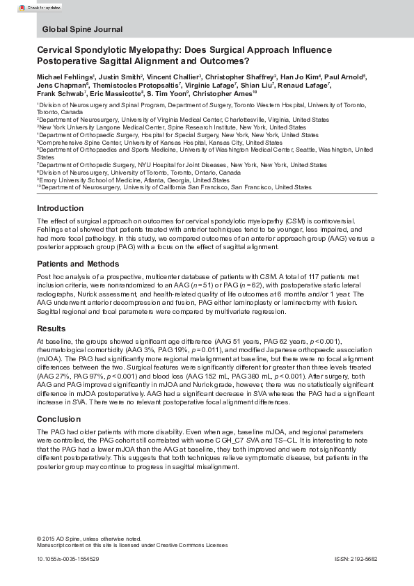 (PDF) Cervical Spondylotic Myelopathy: Does Surgical Approach Influence ...