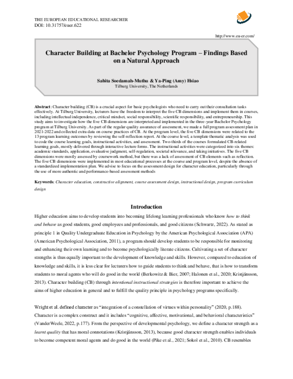 (PDF) Character Building at Bachelor's Psychology Program: Findings ...