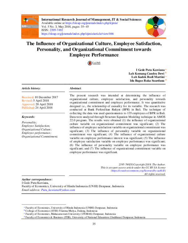 (PDF) The influence of organizational culture, employee satisfaction ...