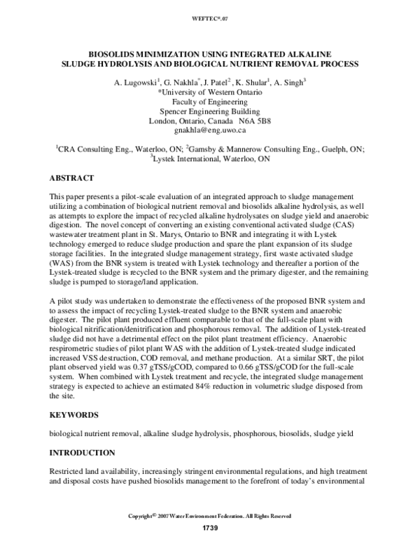 (PDF) Biosolids Minimization Using Integrated Alkaline Sludge Hydrolysis and Biological Nutrient ...