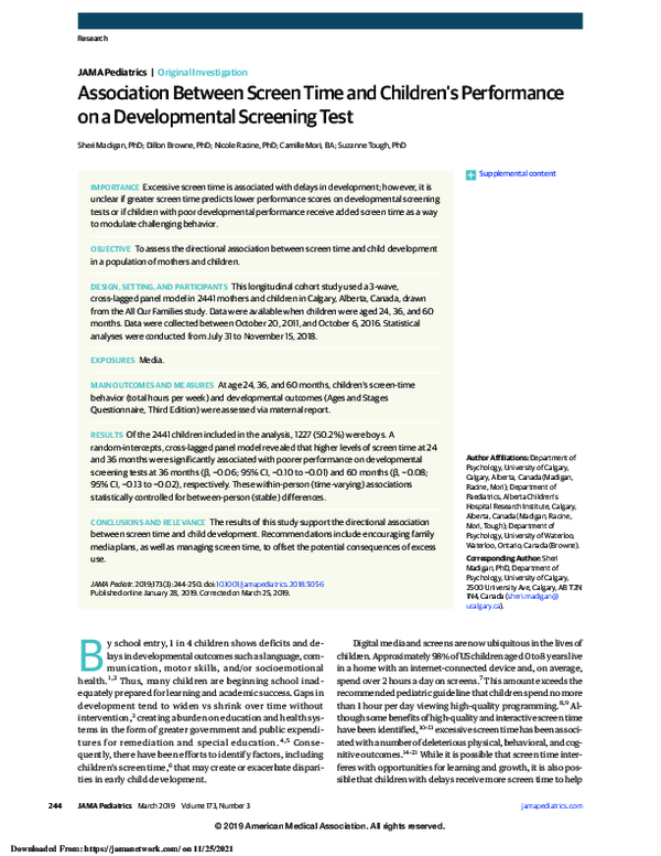 (PDF) Association Between Screen Time and Children’s Performance on a ...