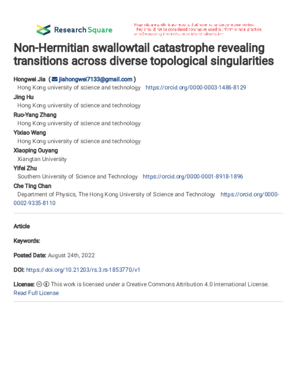 (PDF) Non-Hermitian swallowtail catastrophe revealing transitions among ...