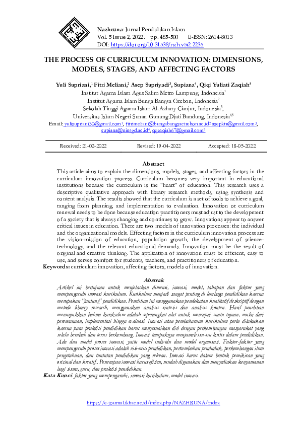 (PDF) The Process of Curriculum Innovation: Dimensions, Models, Stages ...