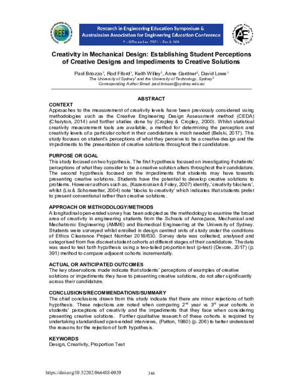 (PDF) Creativity in Mechanical Design: Establishing Student Perceptions of Creative Designs and ...