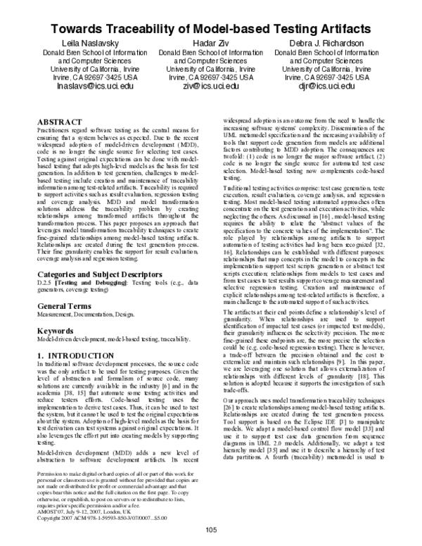 Pdf Enhancing Traceability In Model Based Testing Artifacts