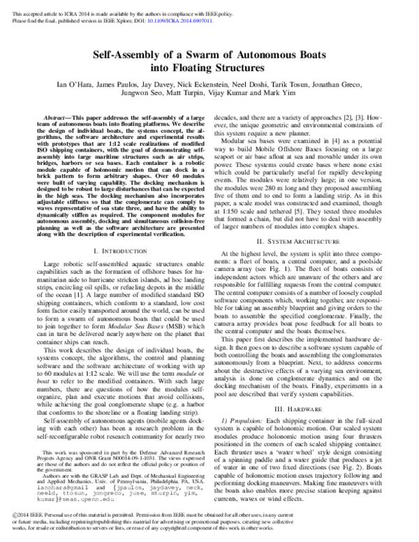 (PDF) Self-assembly of a swarm of autonomous boats into floating structures