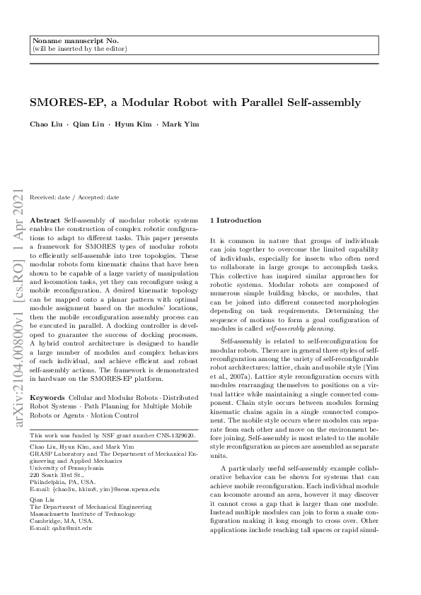 (PDF) SMORES-EP, a modular robot with parallel self-assembly