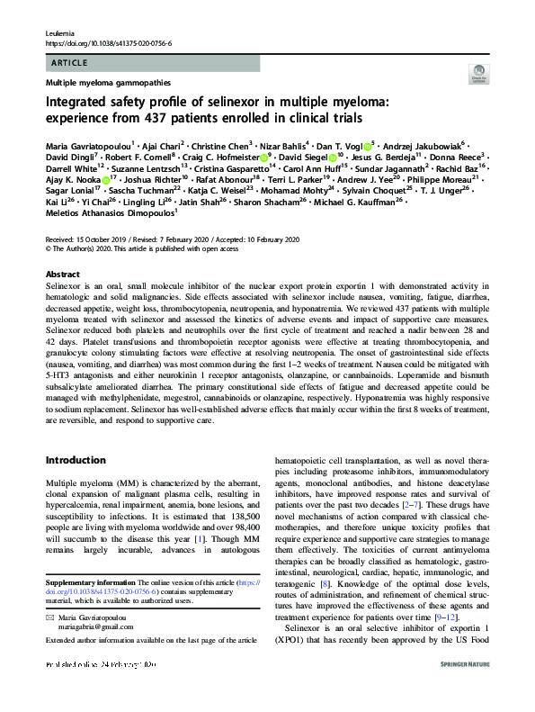 (PDF) Integrated safety profile of selinexor in multiple myeloma: experience from 437 patients ...