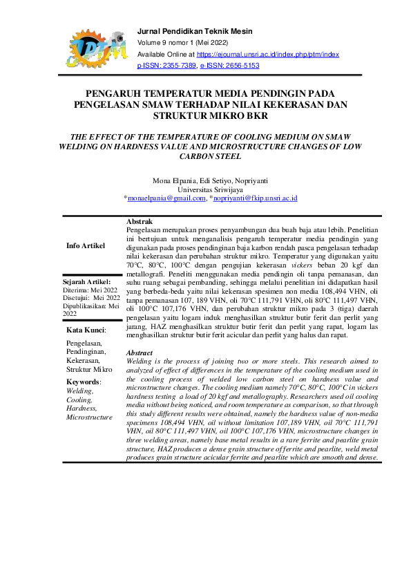 (PDF) Pengaruh Temperatur Media Pendingin Pada Pengelasan SMAW Terhadap Nilai Kekerasan dan ...