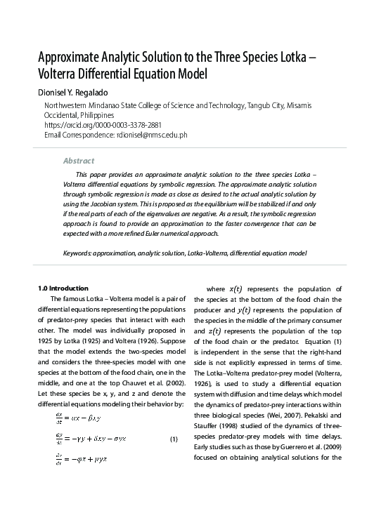 (PDF) Approximate Analytic Solution to the Three Species Lotka – Volterra Differential Equation ...
