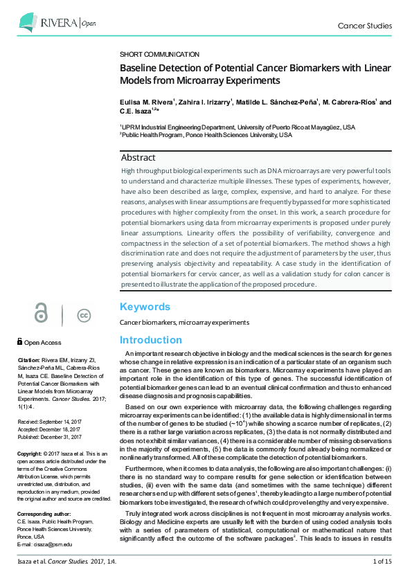 (PDF) Baseline Detection of Potential Cancer Biomarkers with Linear Models from Microarray ...