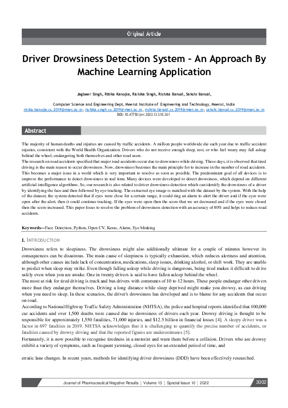 (PDF) Driver Drowsiness Detection System -An Approach By Machine Learning Application