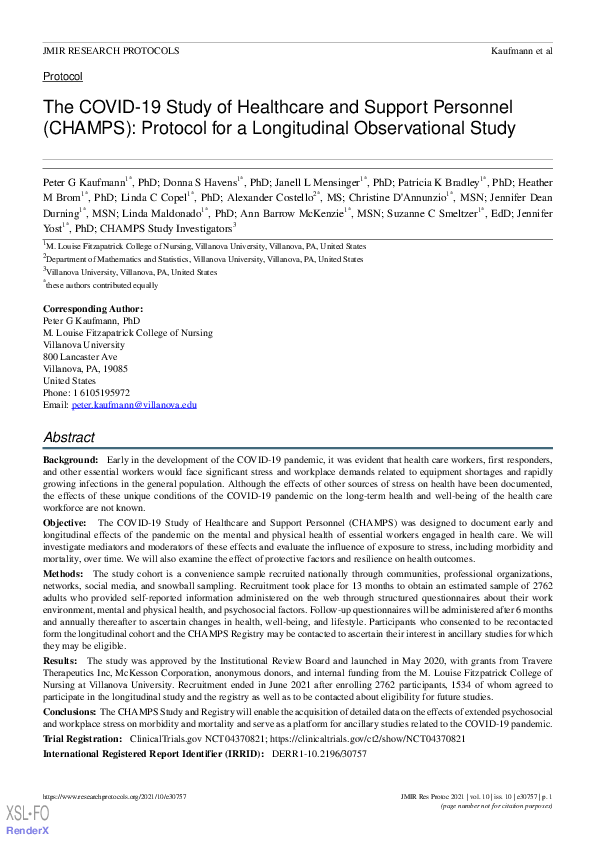 (PDF) The COVID-19 Study of Healthcare and Support Personnel (CHAMPS): Protocol for a ...