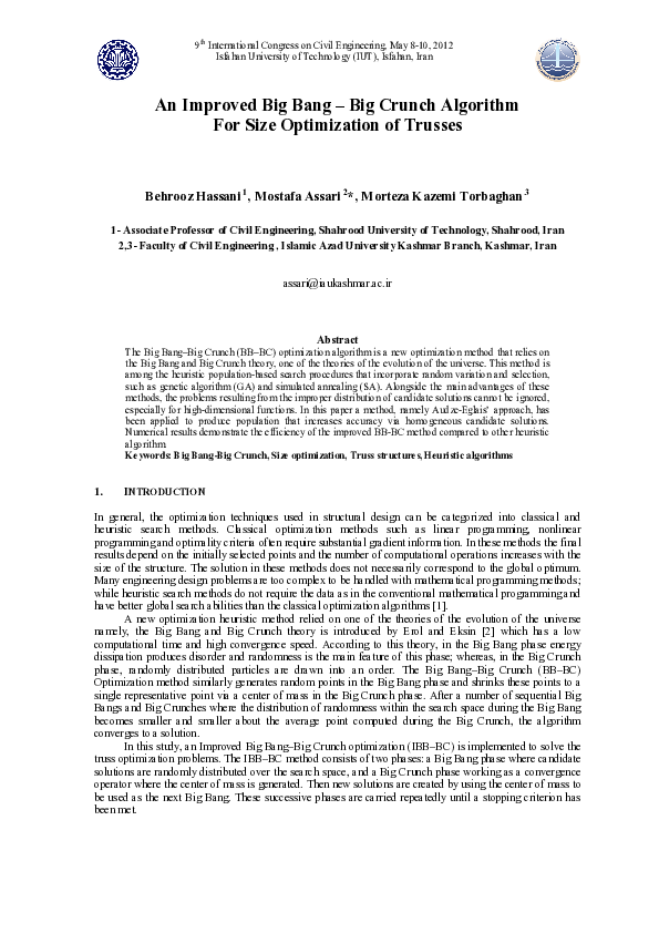 (PDF) An Improved Big Bang - Big Crunch Algorithm For Size Optimization of Trusses