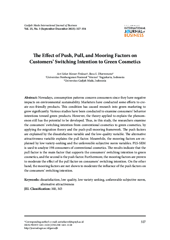 Pdf The Effect Of Push Pull And Mooring Factors On Customers Switching Intention To Green