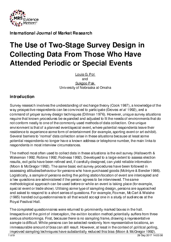 (PDF) The Use of Two-Stage Survey Design in Collecting Data from those who have Attended ...