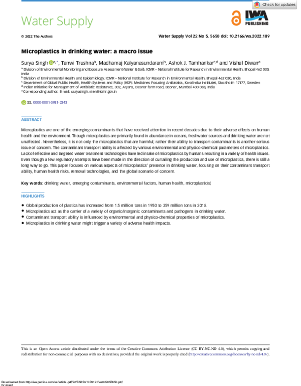 (PDF) Microplastics in drinking water: a macro issue