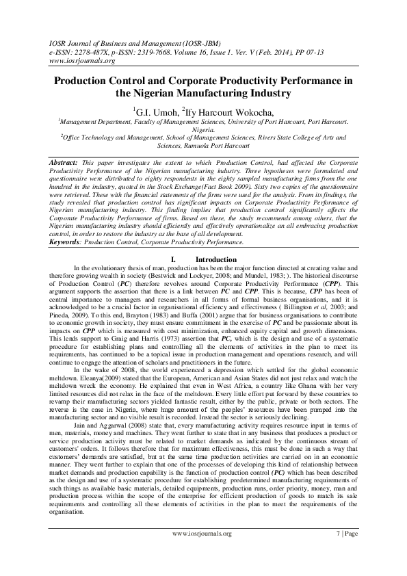 (PDF) Production Control and Corporate Productivity Performance in the Nigerian Manufacturing ...