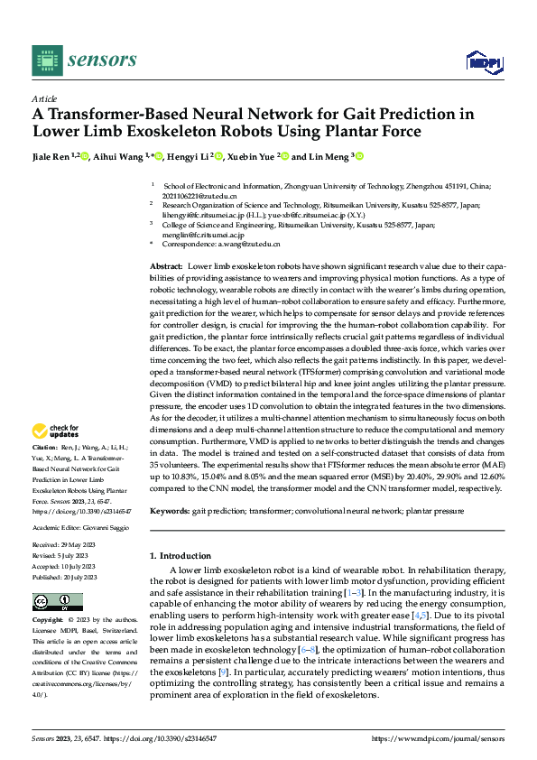 Pdf A Transformer Based Neural Network For Gait Prediction In Lower Limb Exoskeleton Robots