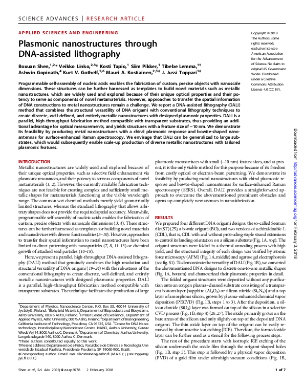 (PDF) Plasmonic nanostructures through DNA-assisted lithography | Tibebe Lemma - Academia.edu