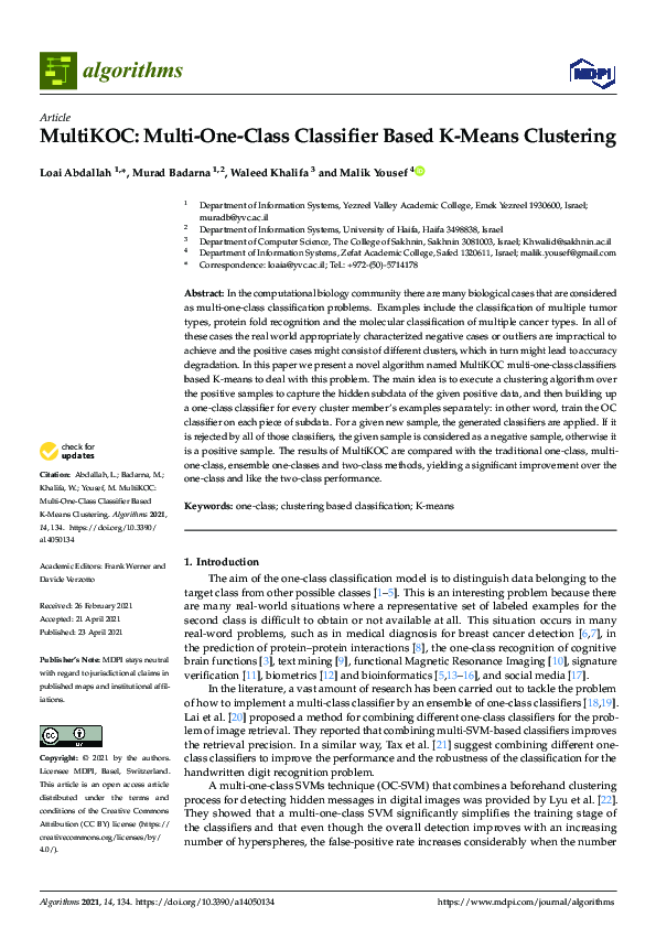 Pdf Multikoc Multi One Class Classifier Based K Means Clustering