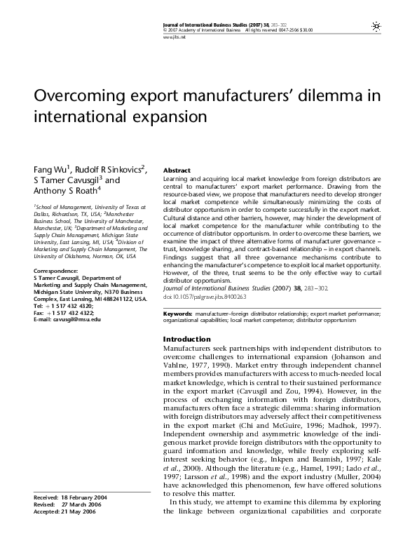 (PDF) Overcoming export manufacturers’ dilemma in international ...